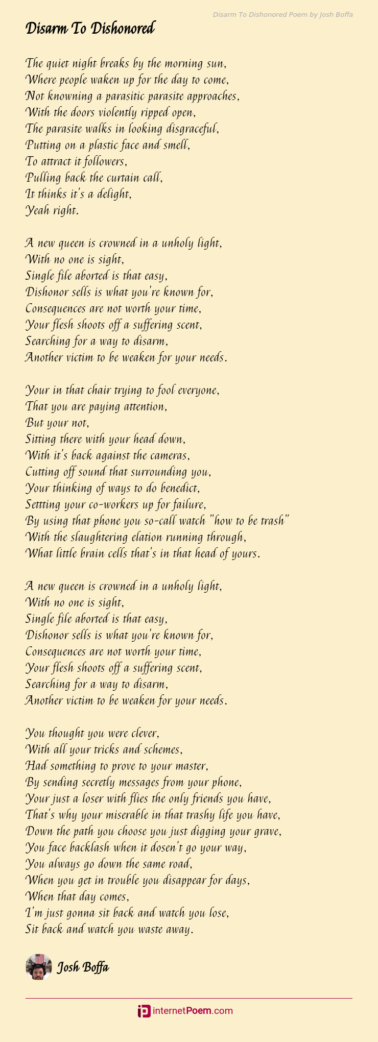 Disarm To Dishonored Poem by Josh Boffa