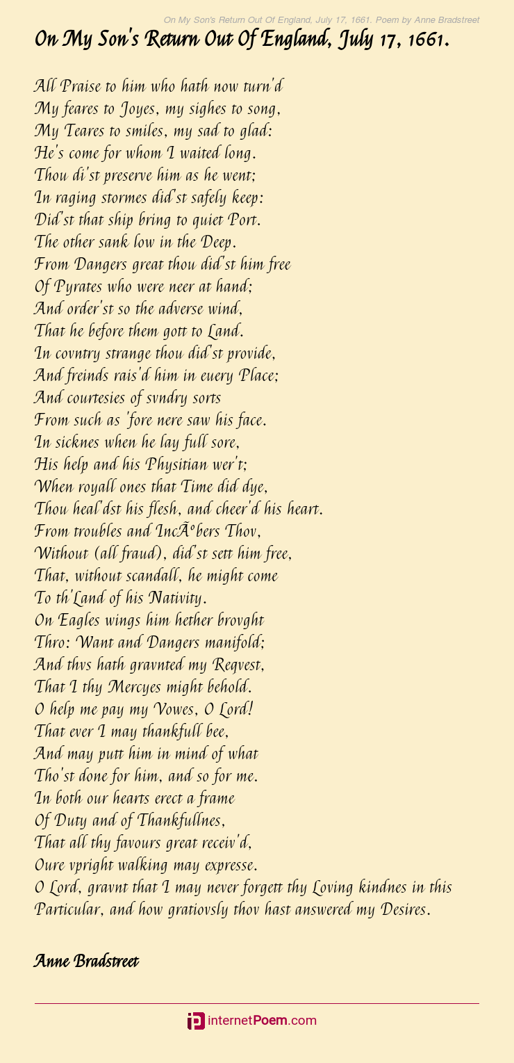 On My Son's Return Out Of England, July 17, 1661. Poem by Anne Bradstreet