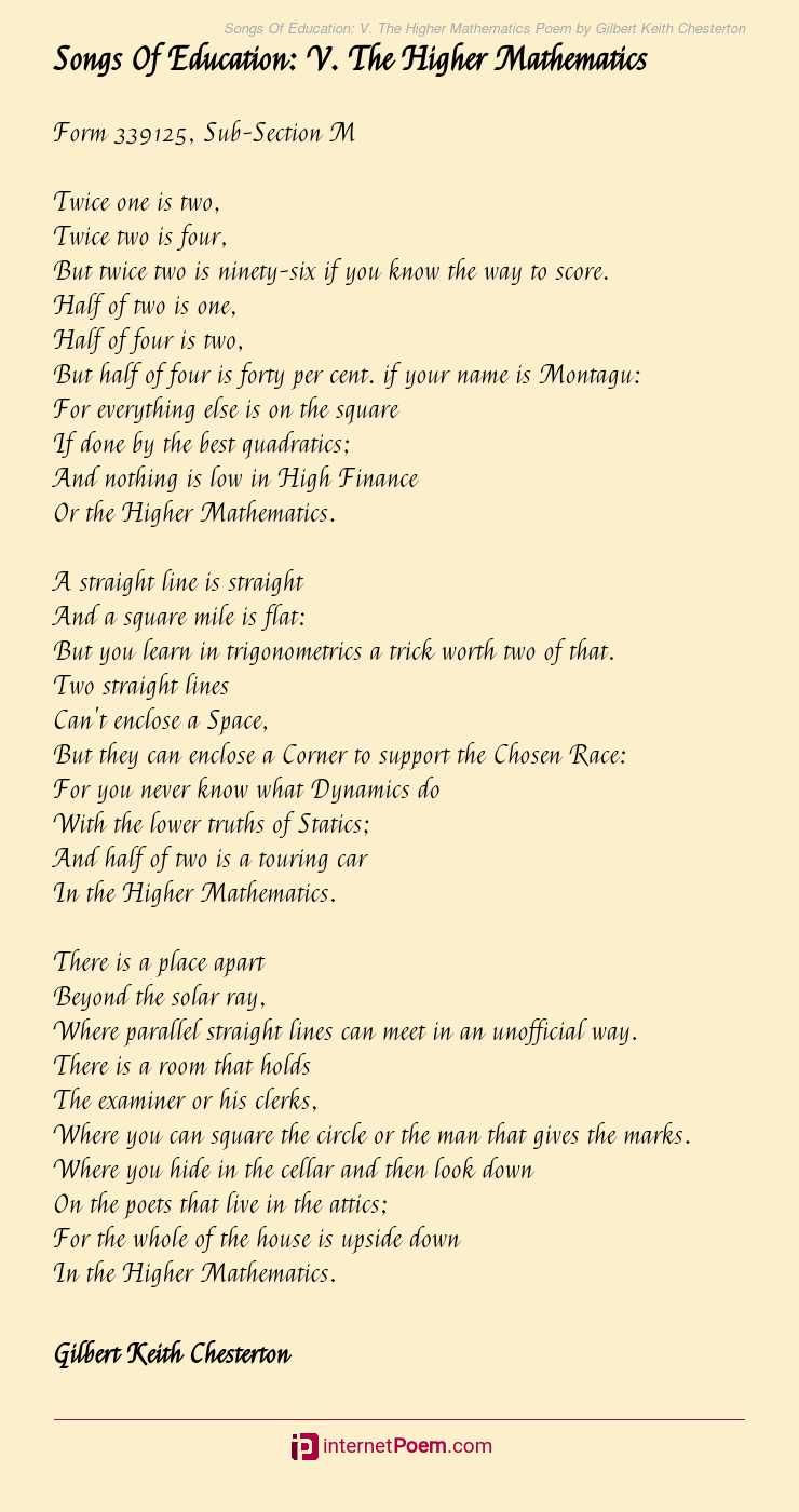 Songs Of Education: V. The Higher Mathematics Poem by Gilbert Keith ...