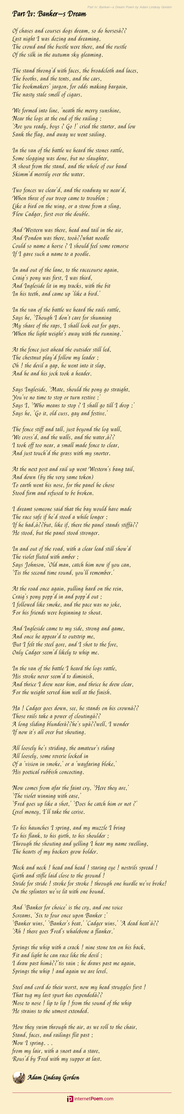 Part Iv: Banker-s Dream Poem by Adam Lindsay Gordon