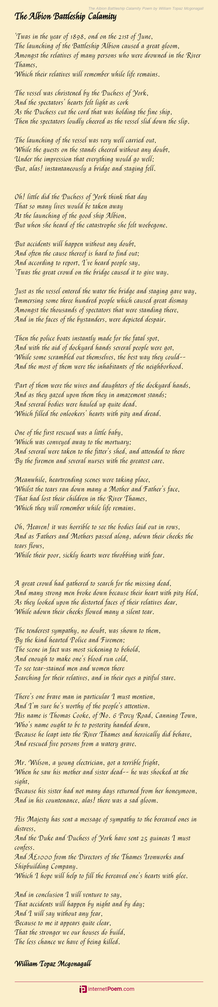 The Albion Battleship Calamity Poem by William Topaz Mcgonagall