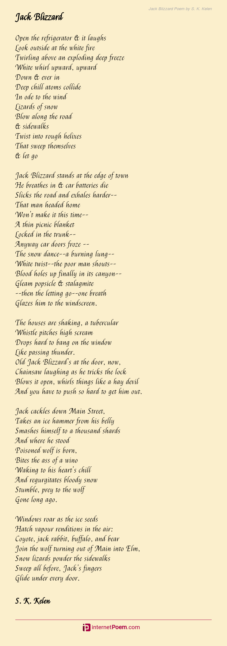Jack Blizzard Poem by S. K. Kelen