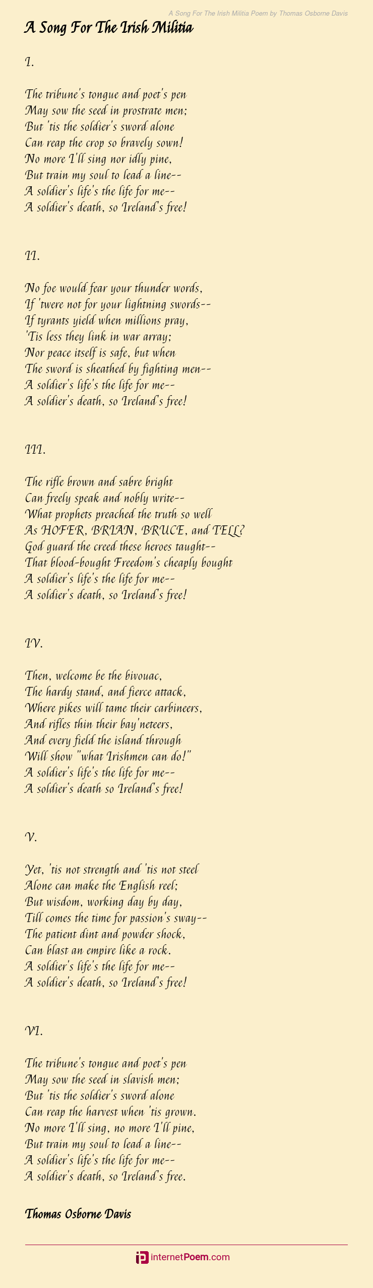 A Song For The Irish Militia Poem by Thomas Osborne Davis