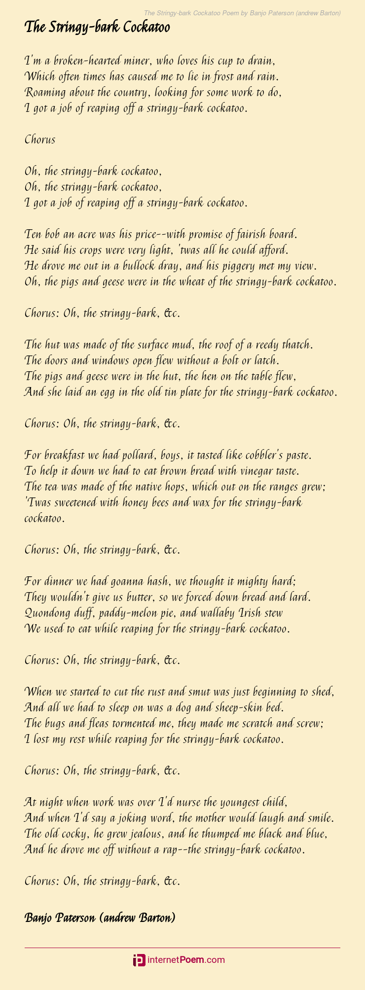 The Stringy-bark Cockatoo Poem by Banjo Paterson (andrew Barton)