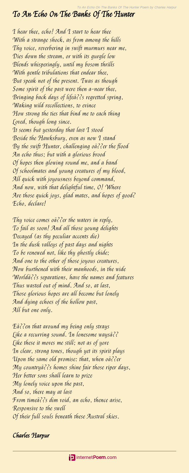 To An Echo On The Banks Of The Hunter Poem by Charles Harpur