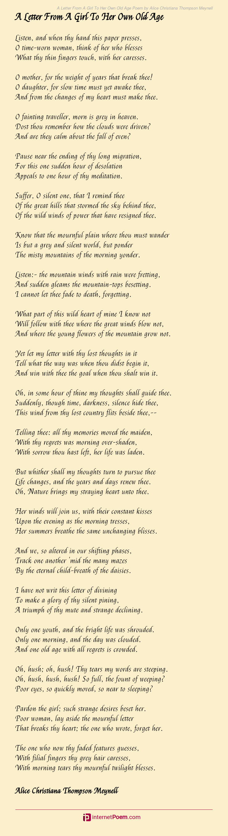 A Letter From A Girl To Her Own Old Age Poem by Alice Christiana ...
