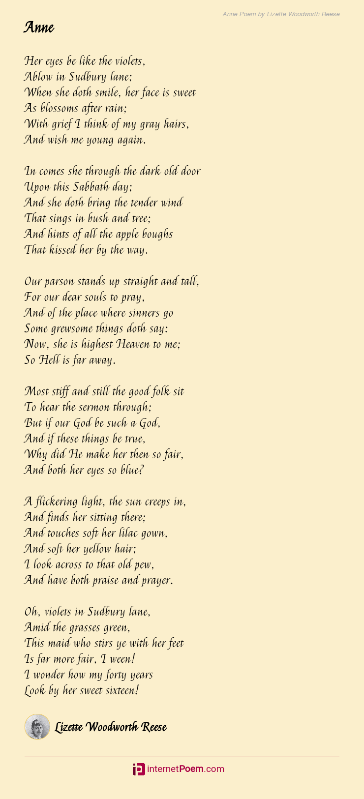 Anne Poem by Lizette Woodworth Reese