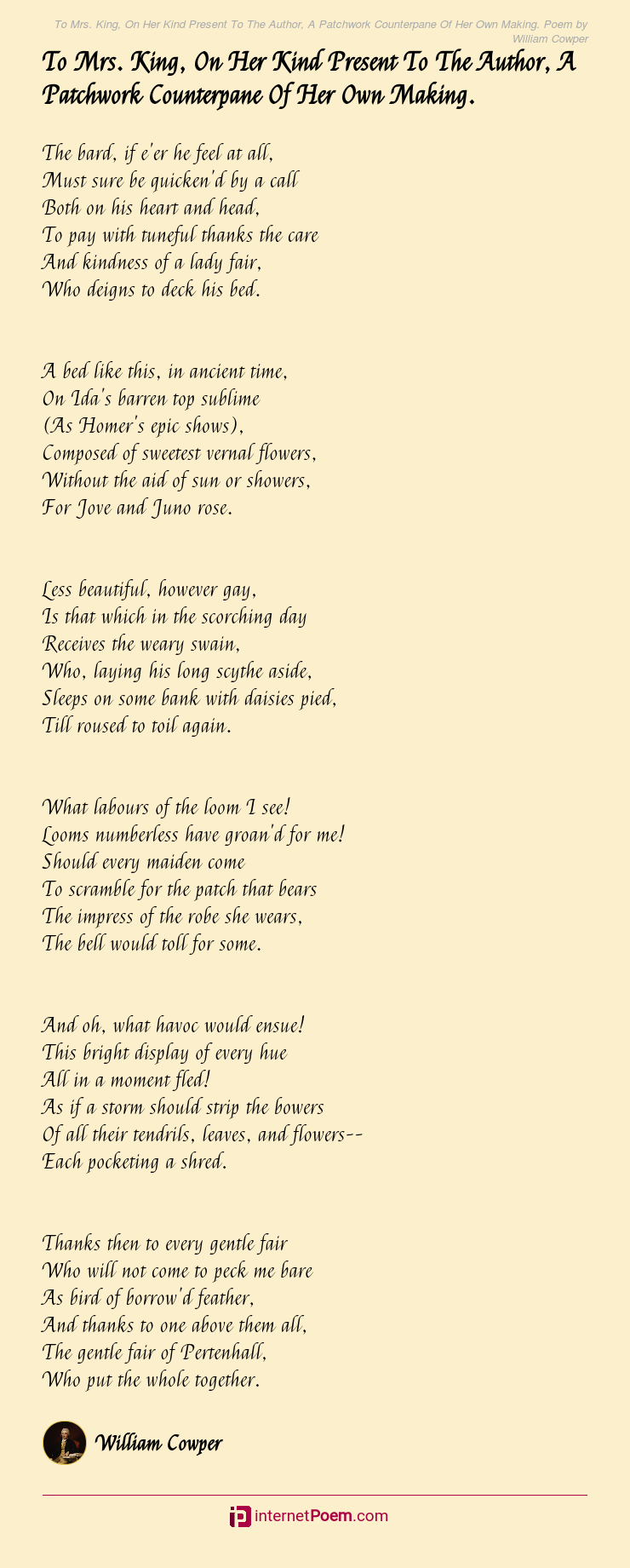 To Mrs. King, On Her Kind Present To The Author, A Patchwork ...