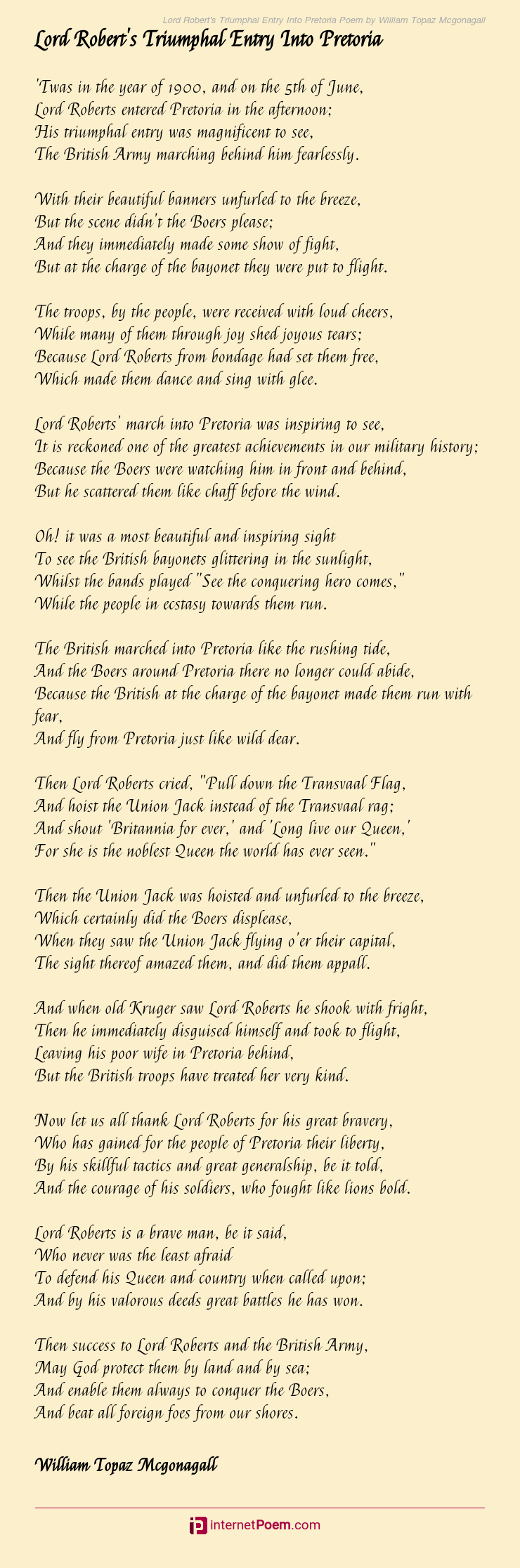 Lord Robert's Triumphal Entry Into Pretoria Poem by William Topaz ...