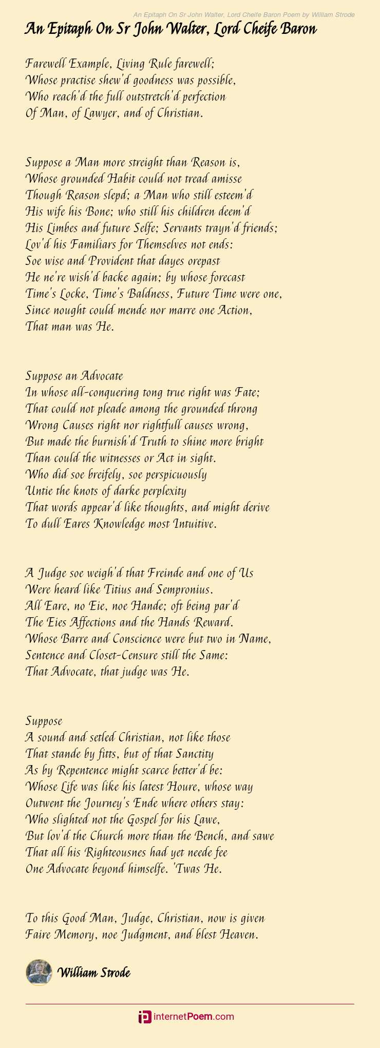 An Epitaph On Sr John Walter, Lord Cheife Baron Poem by William Strode