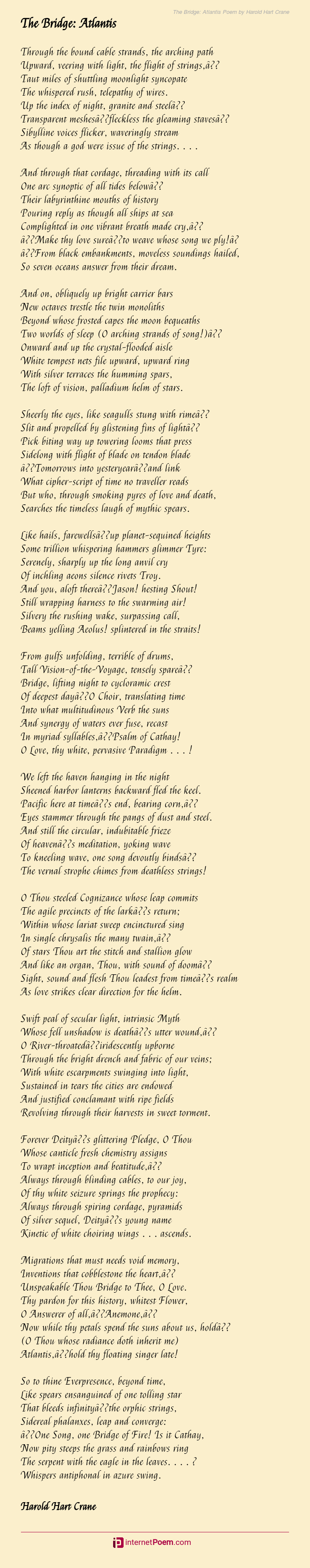 The Bridge: Atlantis Poem by Harold Hart Crane