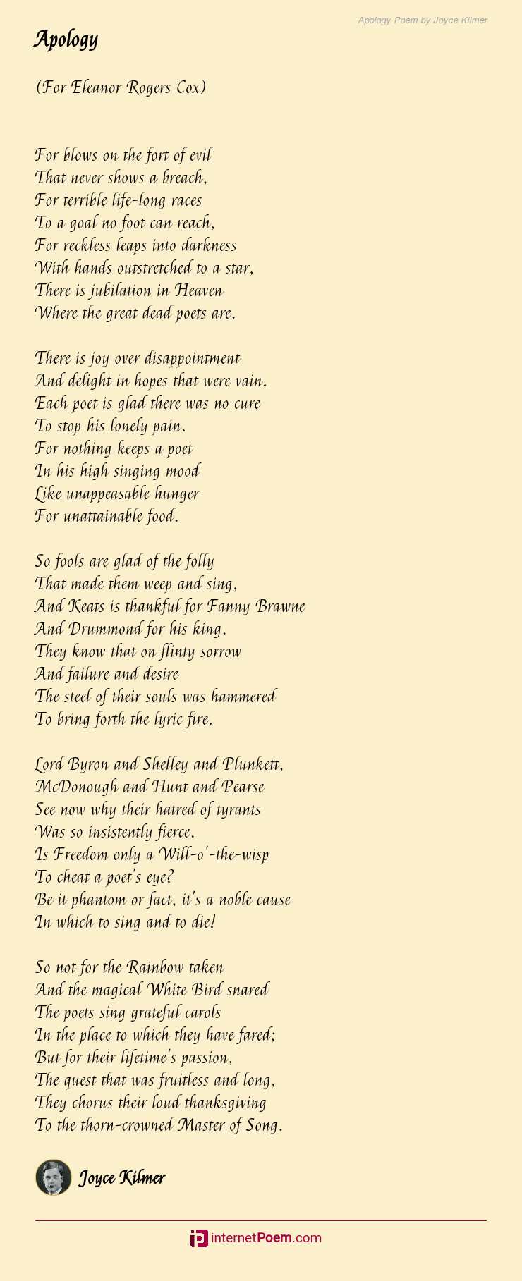 Apology Poem by Joyce Kilmer