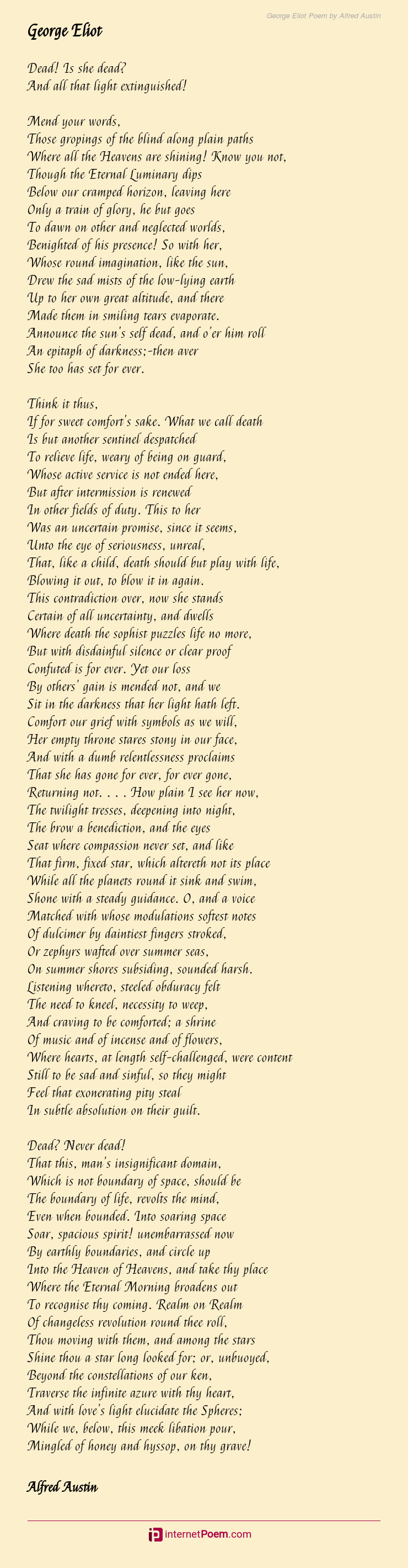 George Eliot Poem by Alfred Austin