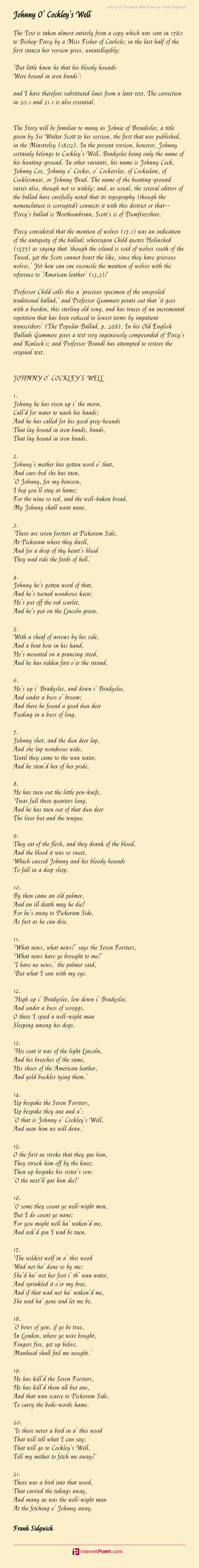 Johnny O' Cockley's Well Poem by Frank Sidgwick