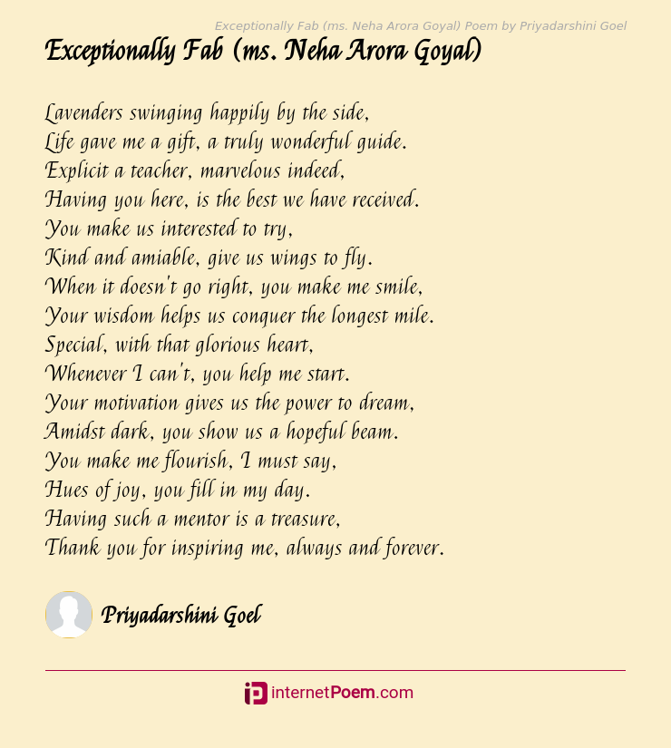 Exceptionally Fab (ms. Neha Arora Goyal) Poem by Priya Goel