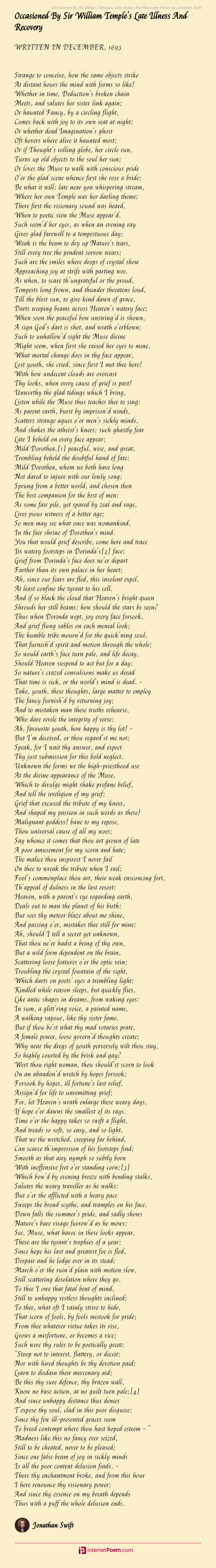 Occasioned By Sir William Temple's Late Illness And Recovery Poem by ...
