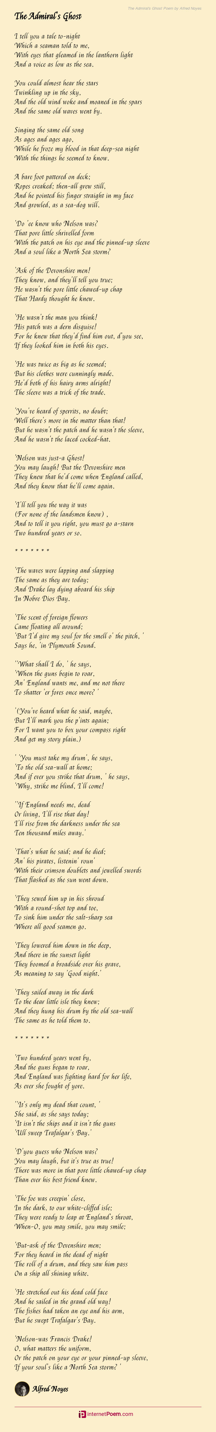 The Admiral's Ghost Poem by Alfred Noyes