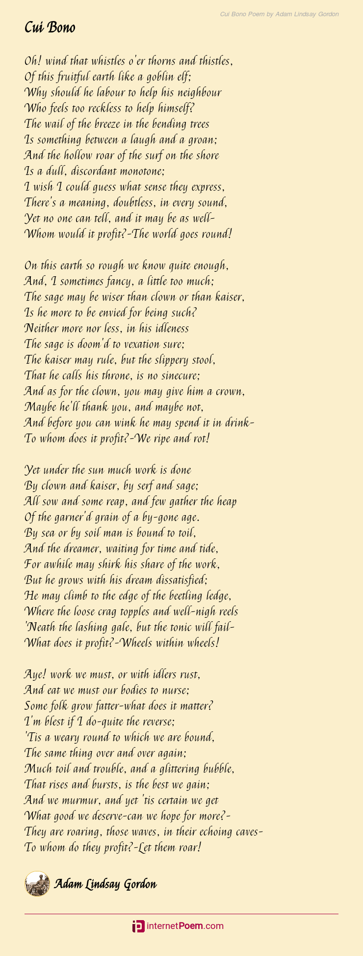 Cui Bono Poem by Adam Lindsay Gordon