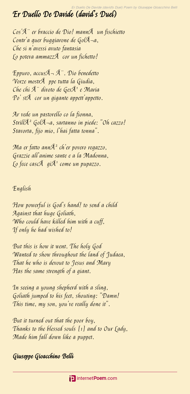 Er Duello De Davide (david's Duel) Poem by Giuseppe Gioacchino Belli