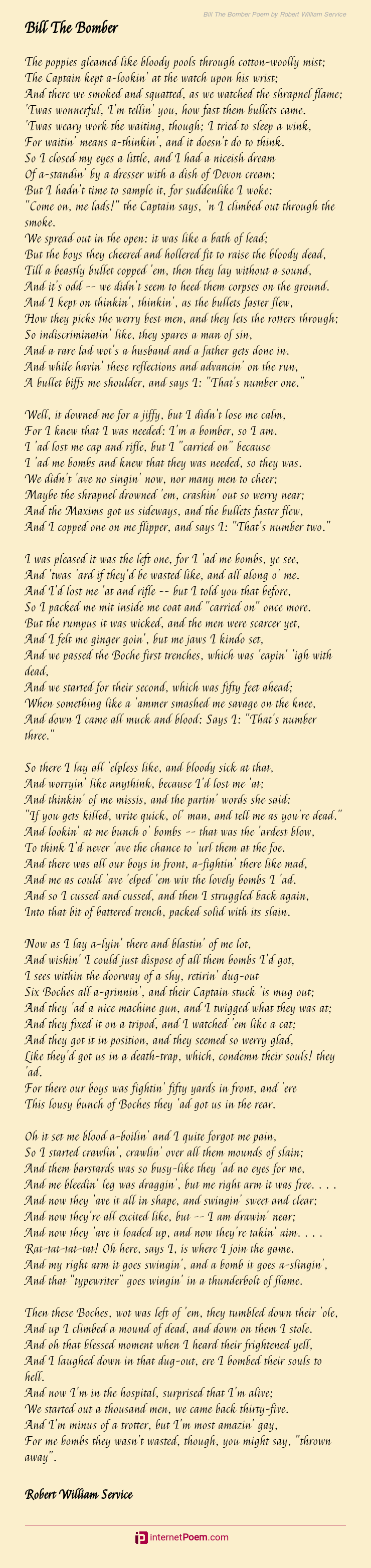Bill The Bomber Poem by Robert William Service