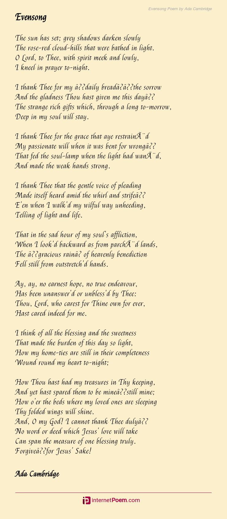 Evensong Poem by Ada Cambridge