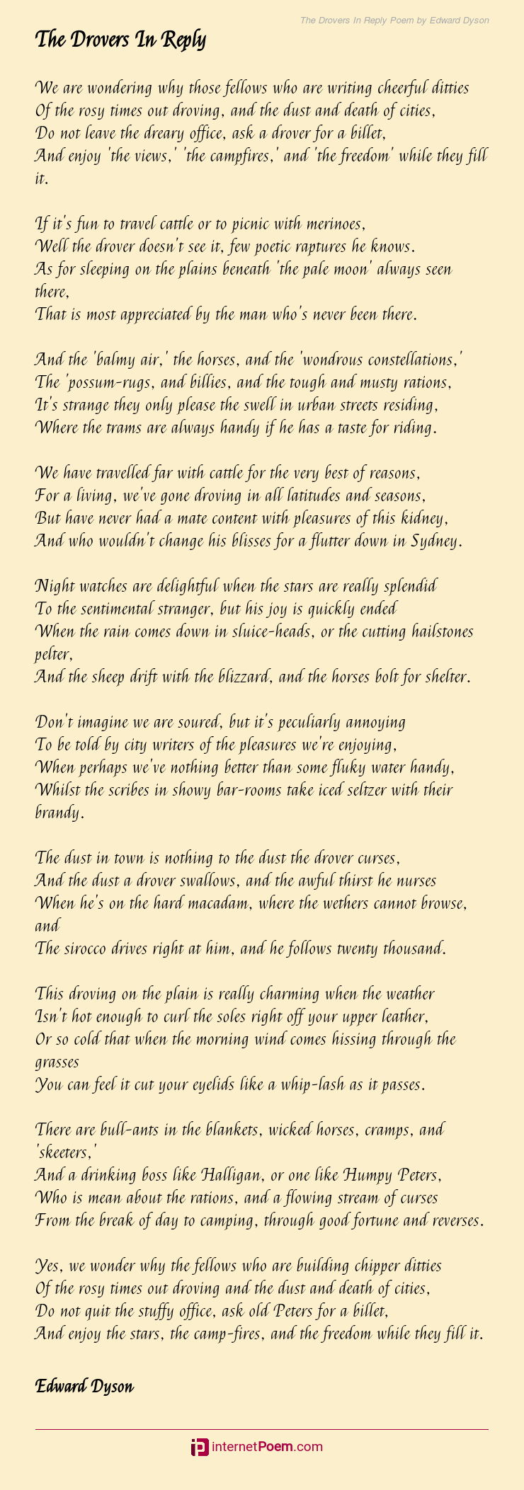 The Drovers In Reply Poem by Edward Dyson