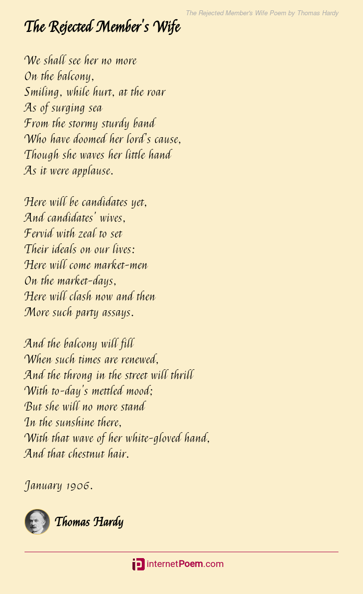 The Rejected Member's Wife Poem by Thomas Hardy