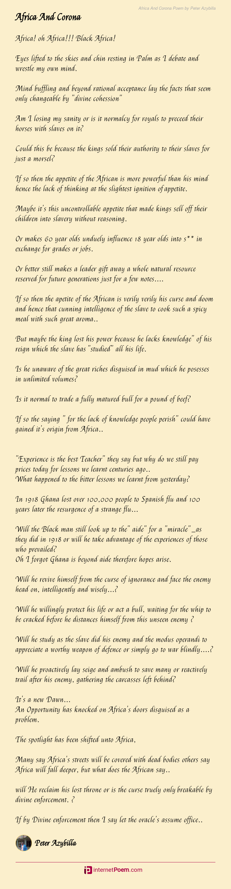 Africa And Corona Poem by Peter Azybilla