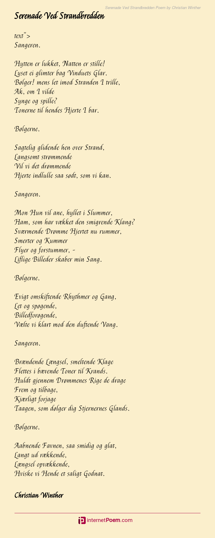 Serenade Ved Strandbredden Poem by Christian Winther
