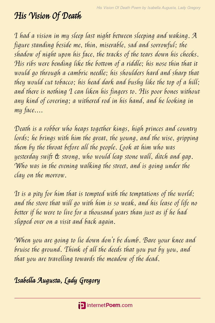 His Vision Of Death Poem by Isabella Augusta, Lady Gregory