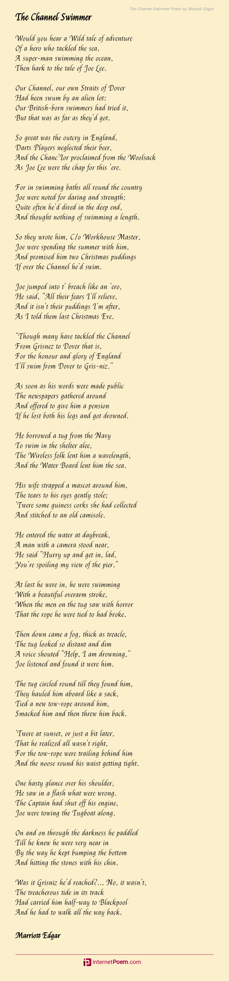 The Channel Swimmer Poem by Marriott Edgar
