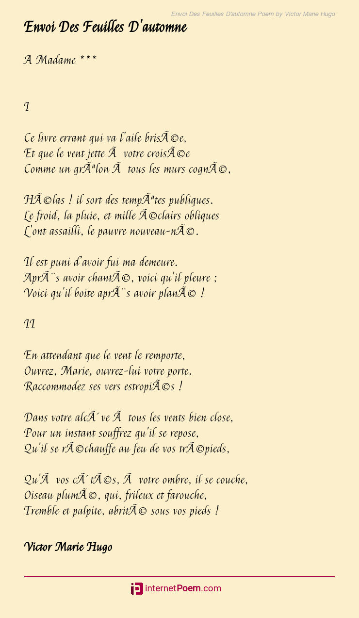 Envoi Des Feuilles D'automne Poem by Victor Marie Hugo