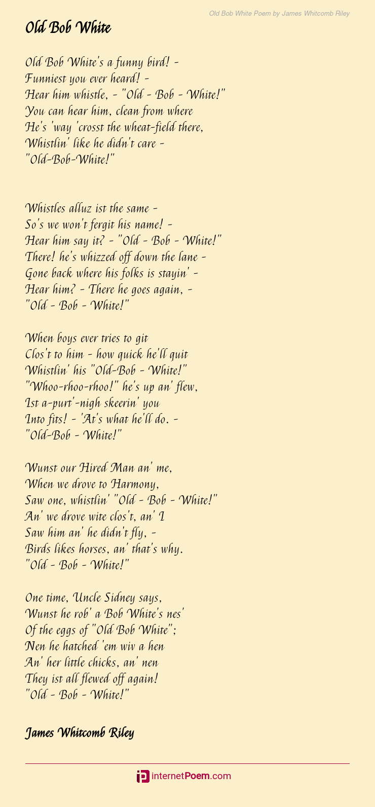 Old Bob White Poem by James Whitcomb Riley