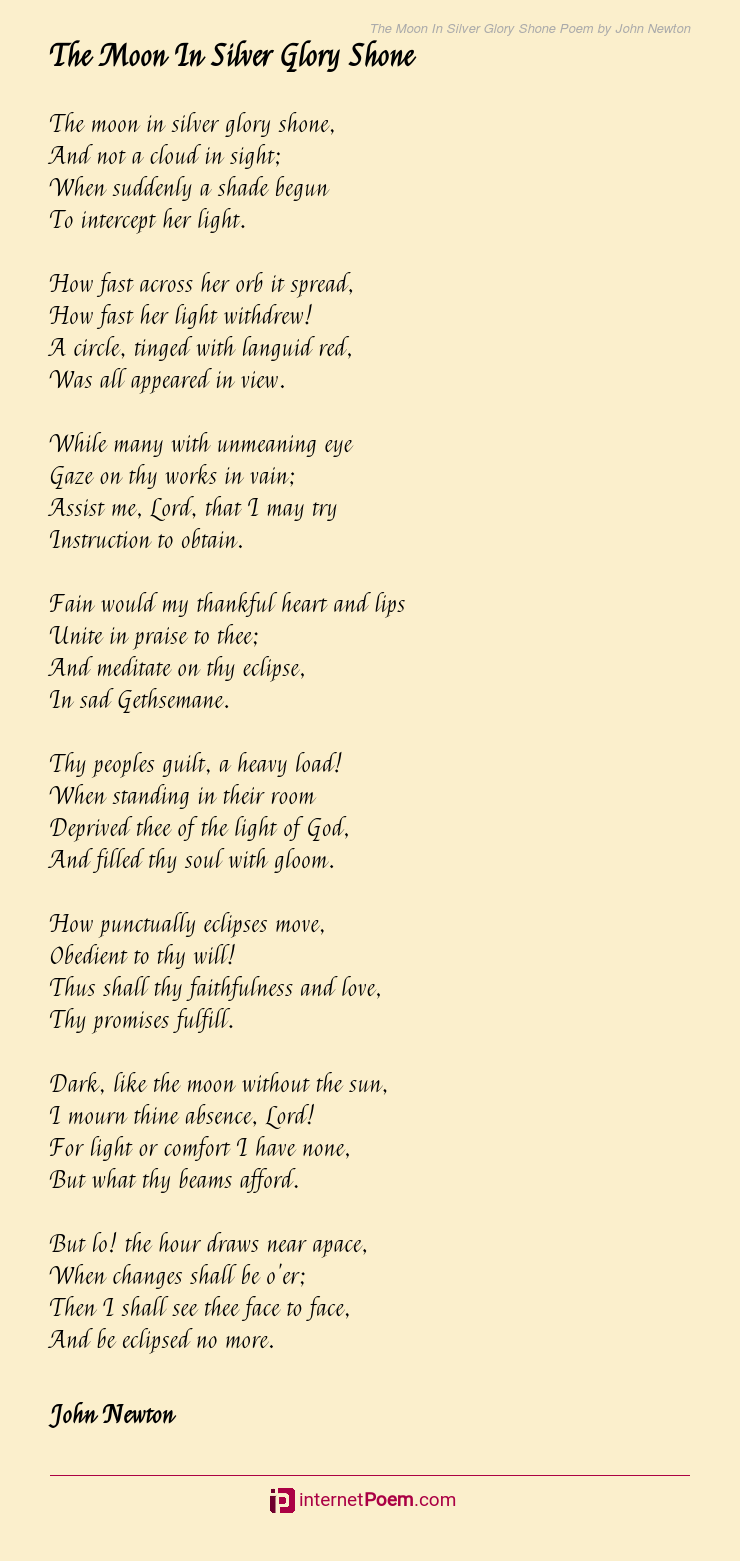 The Moon In Silver Glory Shone Poem by John Newton
