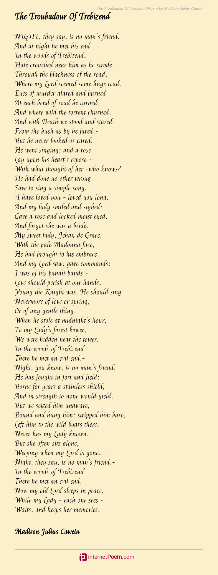 The Troubadour Of Trebizend Poem by Madison Julius Cawein