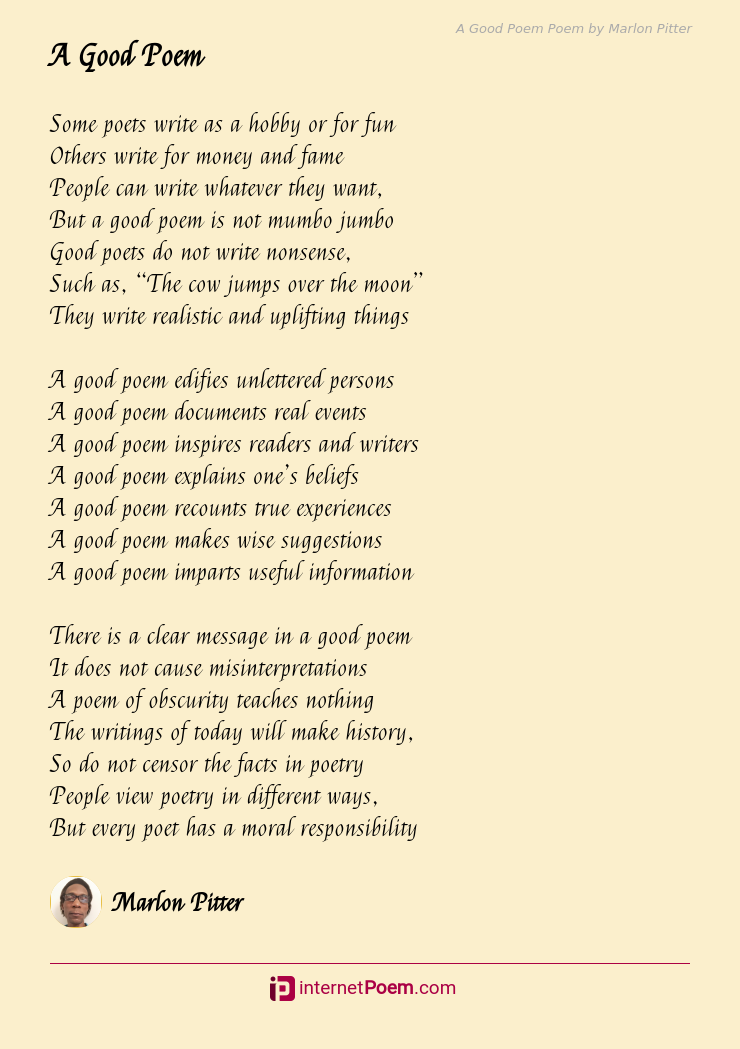 A Good Poem Poem by Marlon Pitter