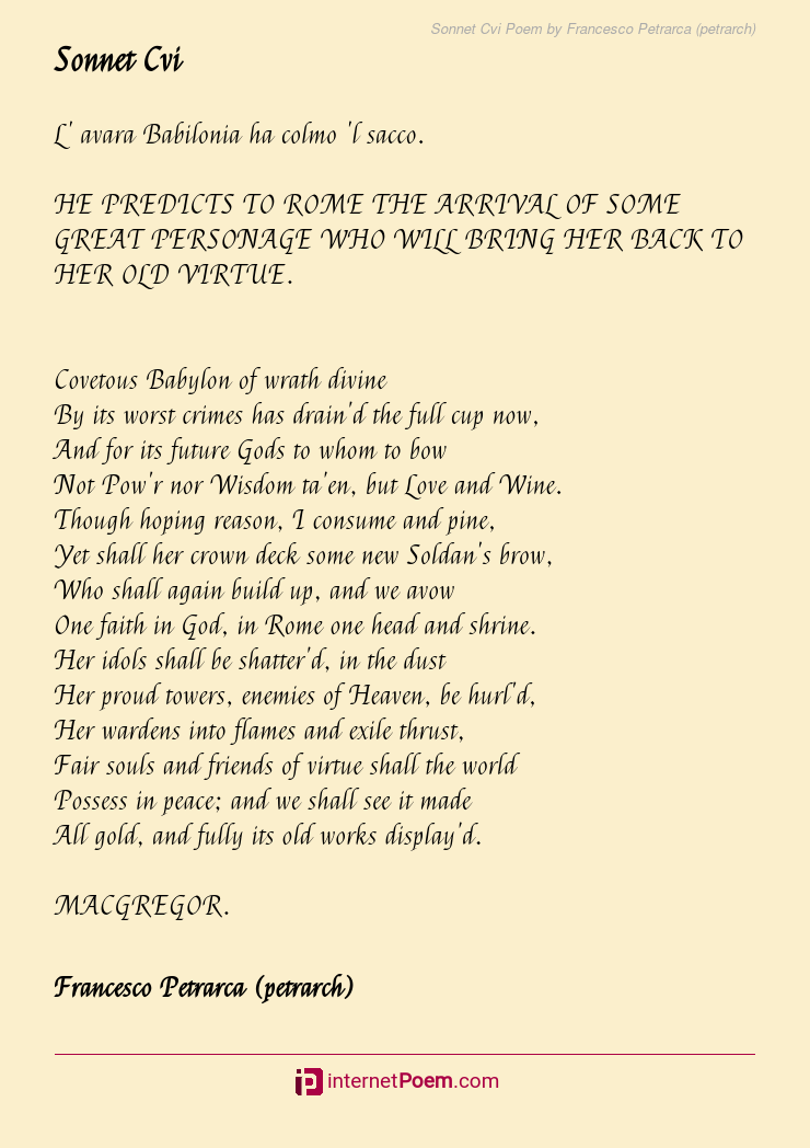 Sonnet Cvi Poem by Francesco Petrarca (petrarch)