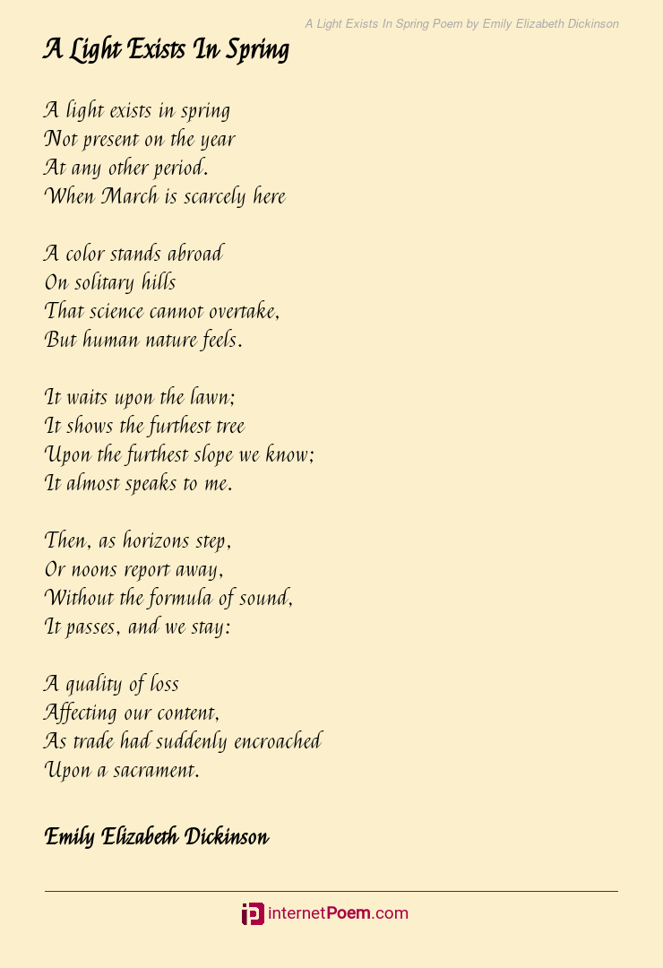 A Light Exists In Spring Poem by Emily Elizabeth Dickinson