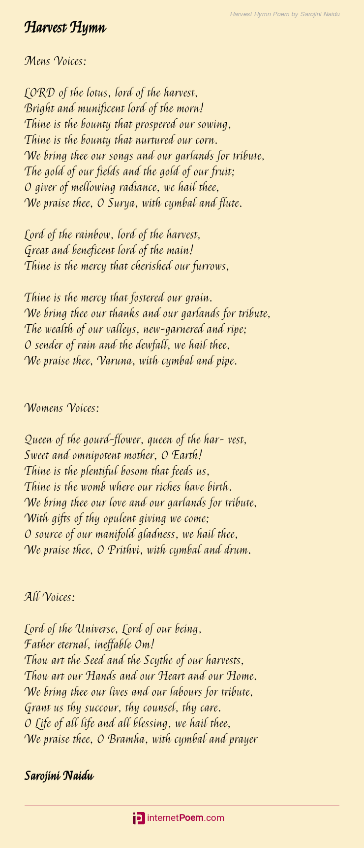 Harvest Hymn Poem by Sarojini Naidu